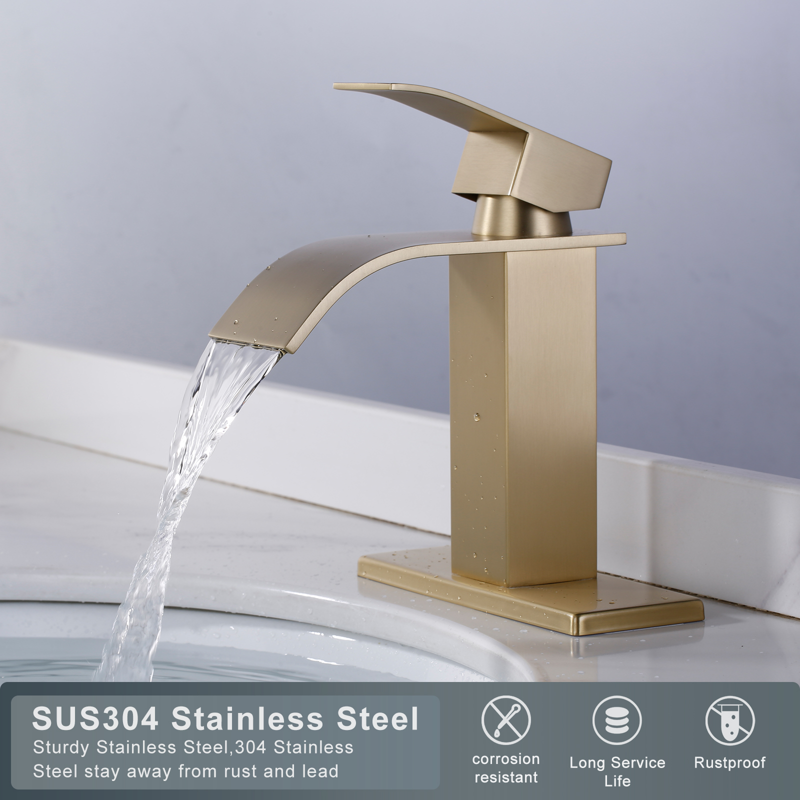 ALEASHA Brushed Gold Bathroom Faucet Waterfall Spout Faucet for ...