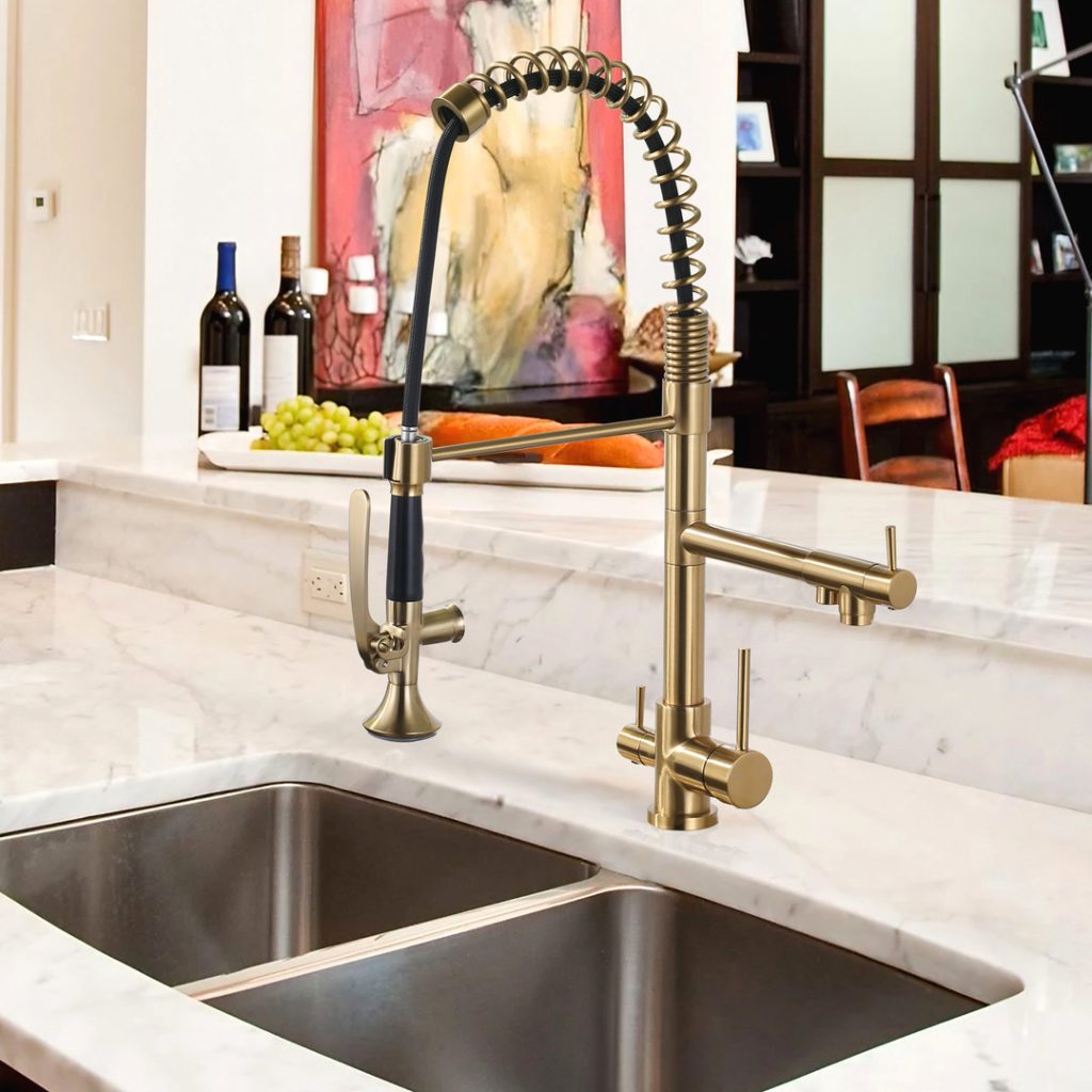 Commercial Double Handle Spring Pull Down Sprayer Kitchen Faucet with ...