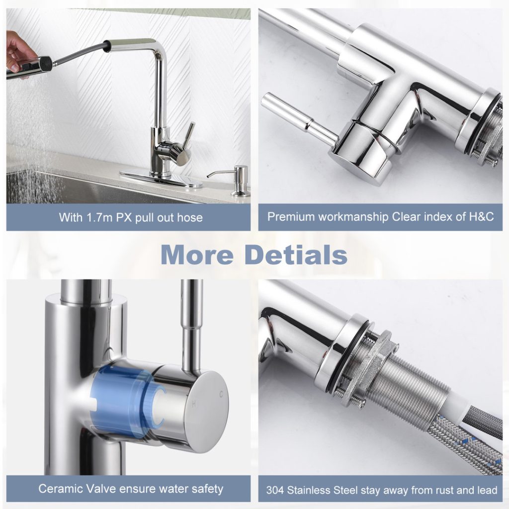 Chrome 3-Mode 13.5 in. H 360 swivel Pull-Out Sprayer Kitchen Faucet ...